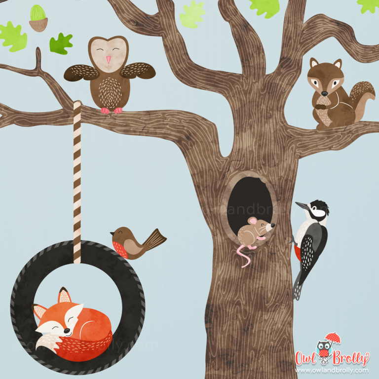 Woodland Animals with Oak Tree Fabric Wall Stickers (Large Scene) – Owl ...