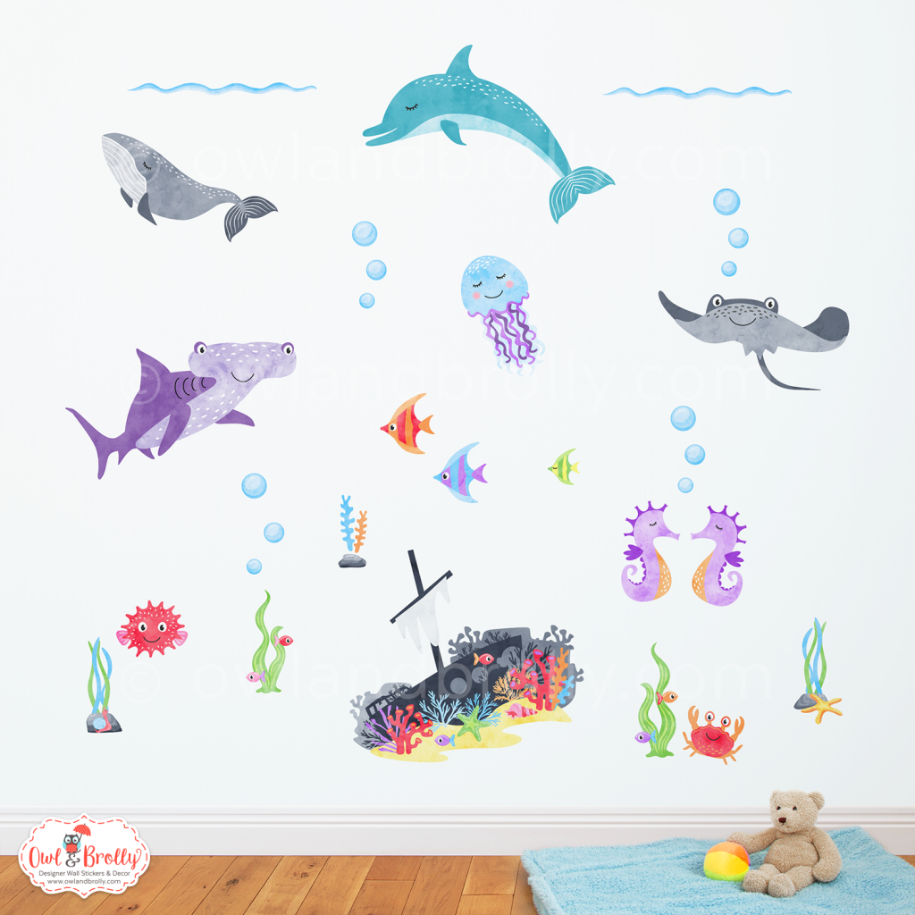 Underwater Animals and Swimming Monkeys Wall Stickers (Medium Scene ...