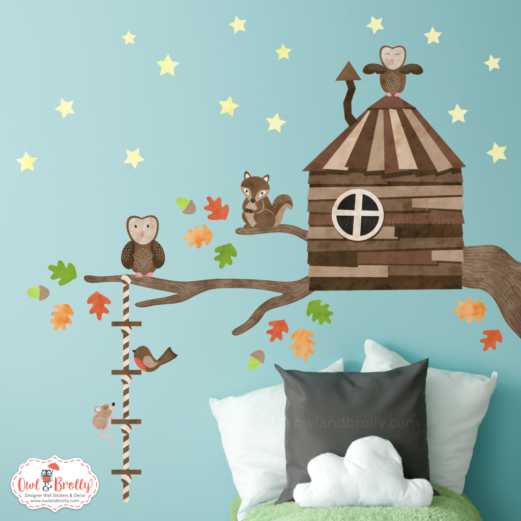 Woodland Animals Branch Tree House Wall Stickers in Autumn Colours ...