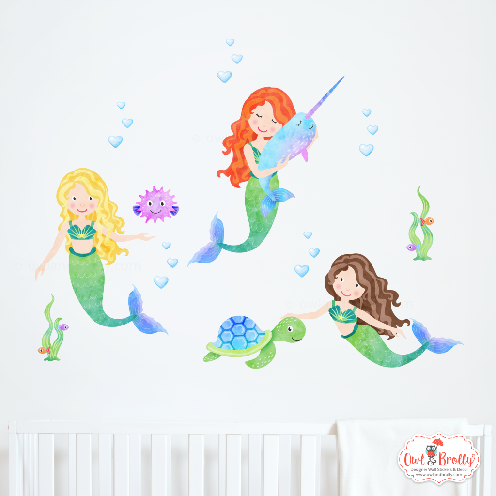 Mermaid Wall Stickers Scene – Green – Owl & Brolly