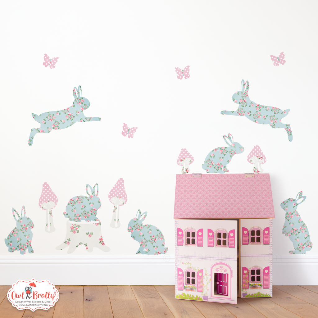 Bunny rabbits and mushrooms wall stickers in vintage floral rose fabric ...
