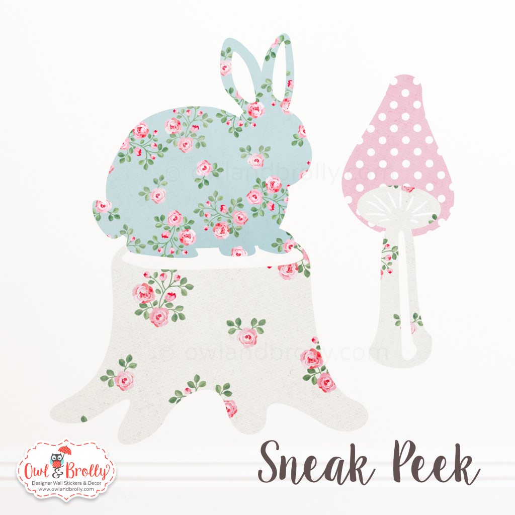 Bunny rabbits and mushrooms wall stickers in vintage floral rose fabric ...