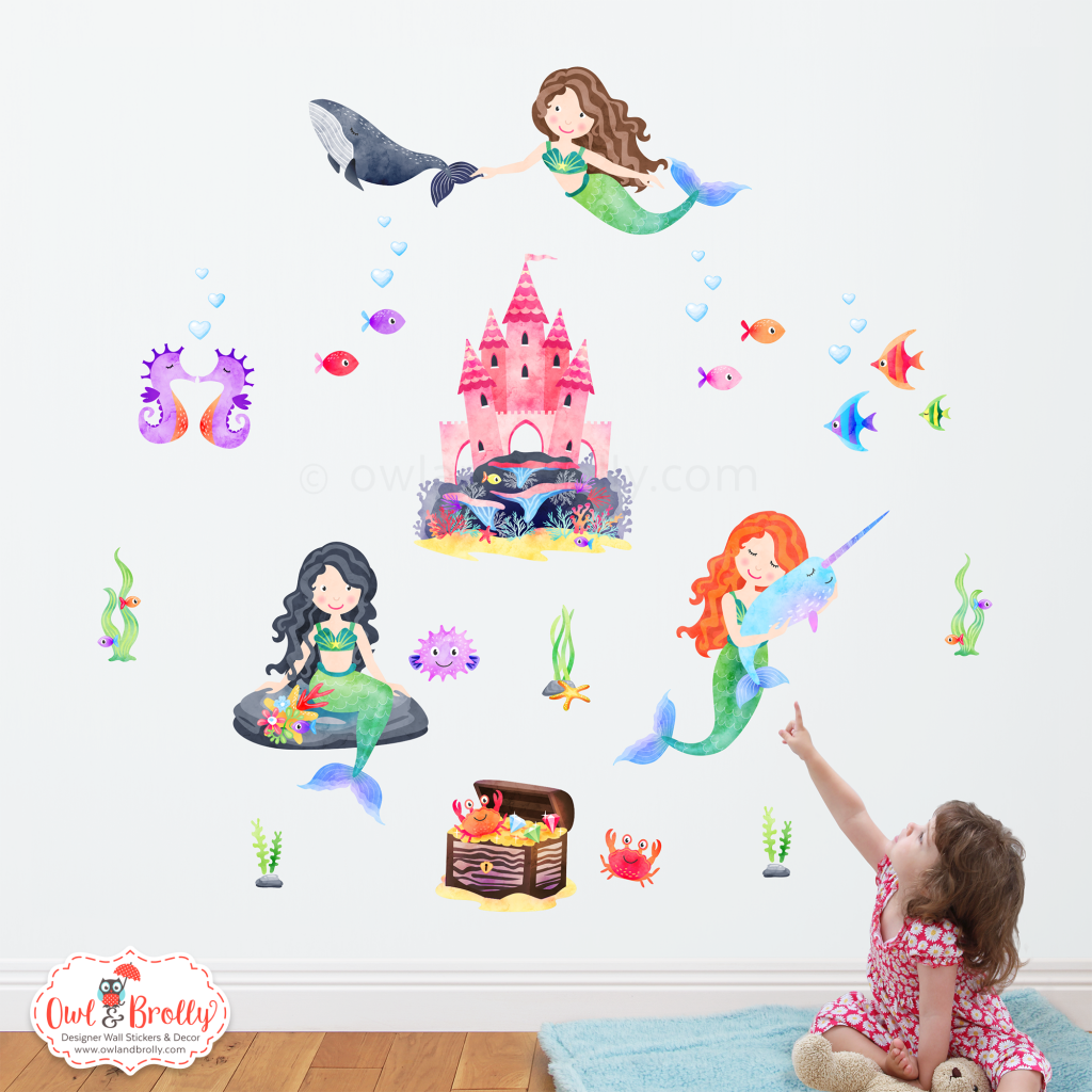Mermaids with Castle and Underwater Animals Fabric Wall Stickers Scene ...