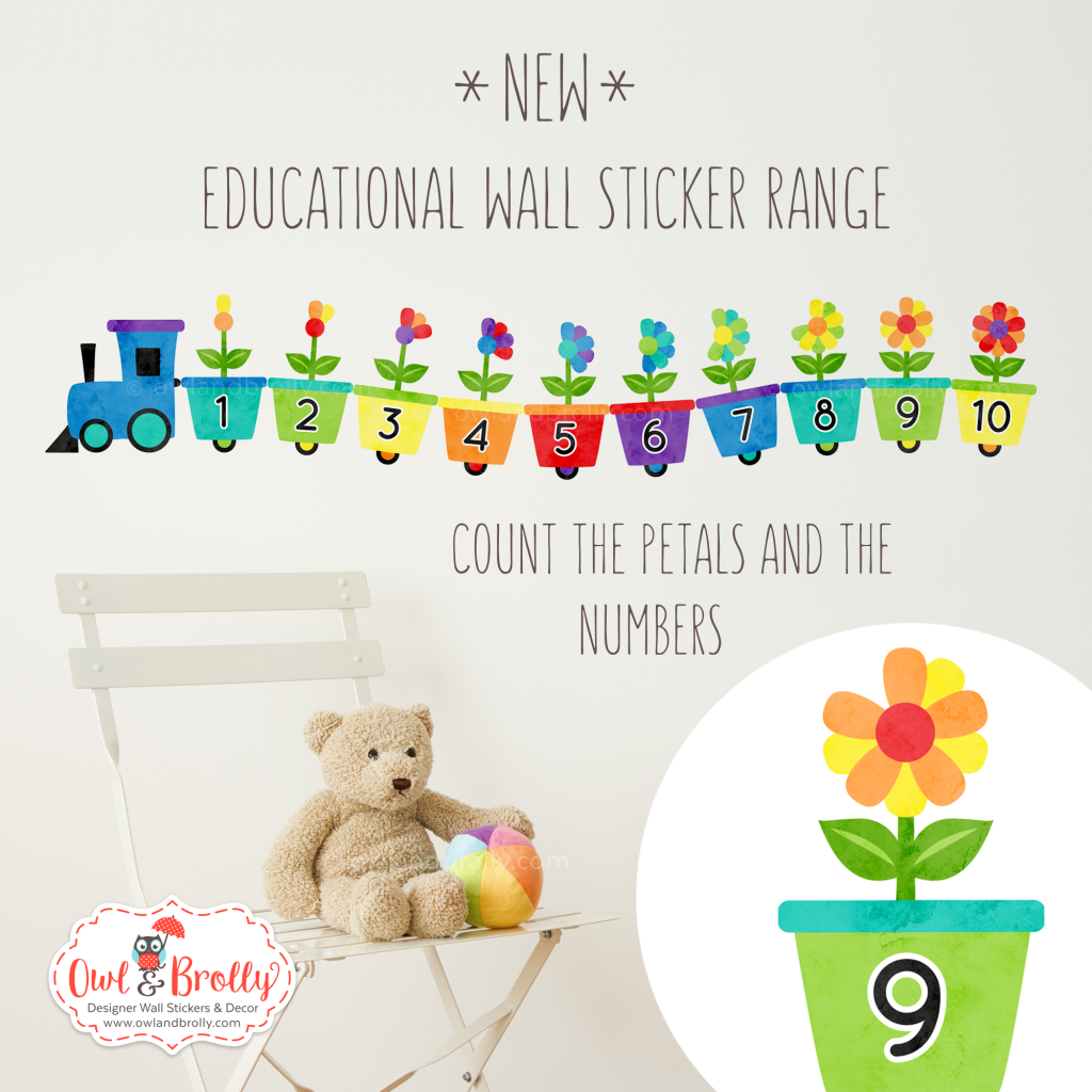 Education wall stickers – number train with counting petals in rainbow ...