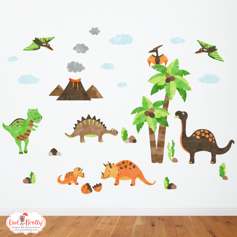 Dinosaur Wall Stickers Medium Scene (Brown Green Orange) – Owl & Brolly