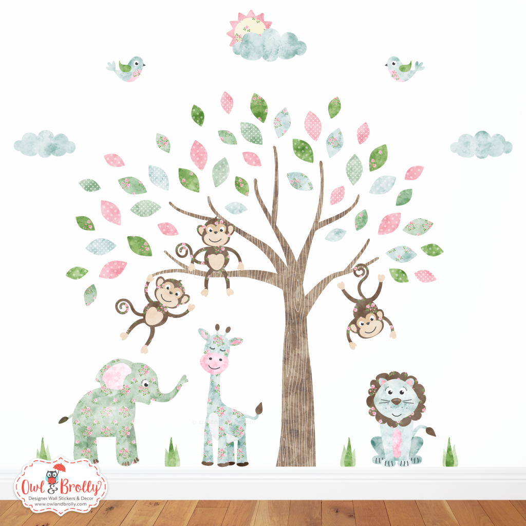 Jungle Safari Fabric Wall Sticker Decals Medium Scene (Vintage Rose ...