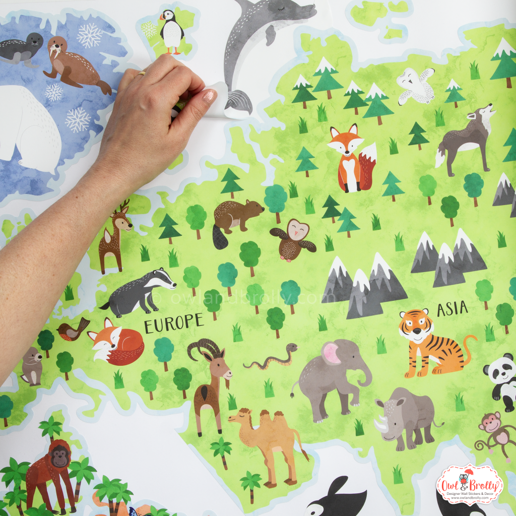 Animal World Map Wall Sticker in Bright Colours – Owl & Brolly