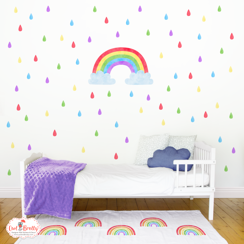 Rainbow wall sticker with extra raindrops – Owl & Brolly