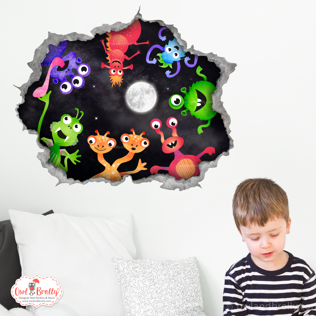 Hole in the wall wall sticker – monsters and aliens – Owl & Brolly