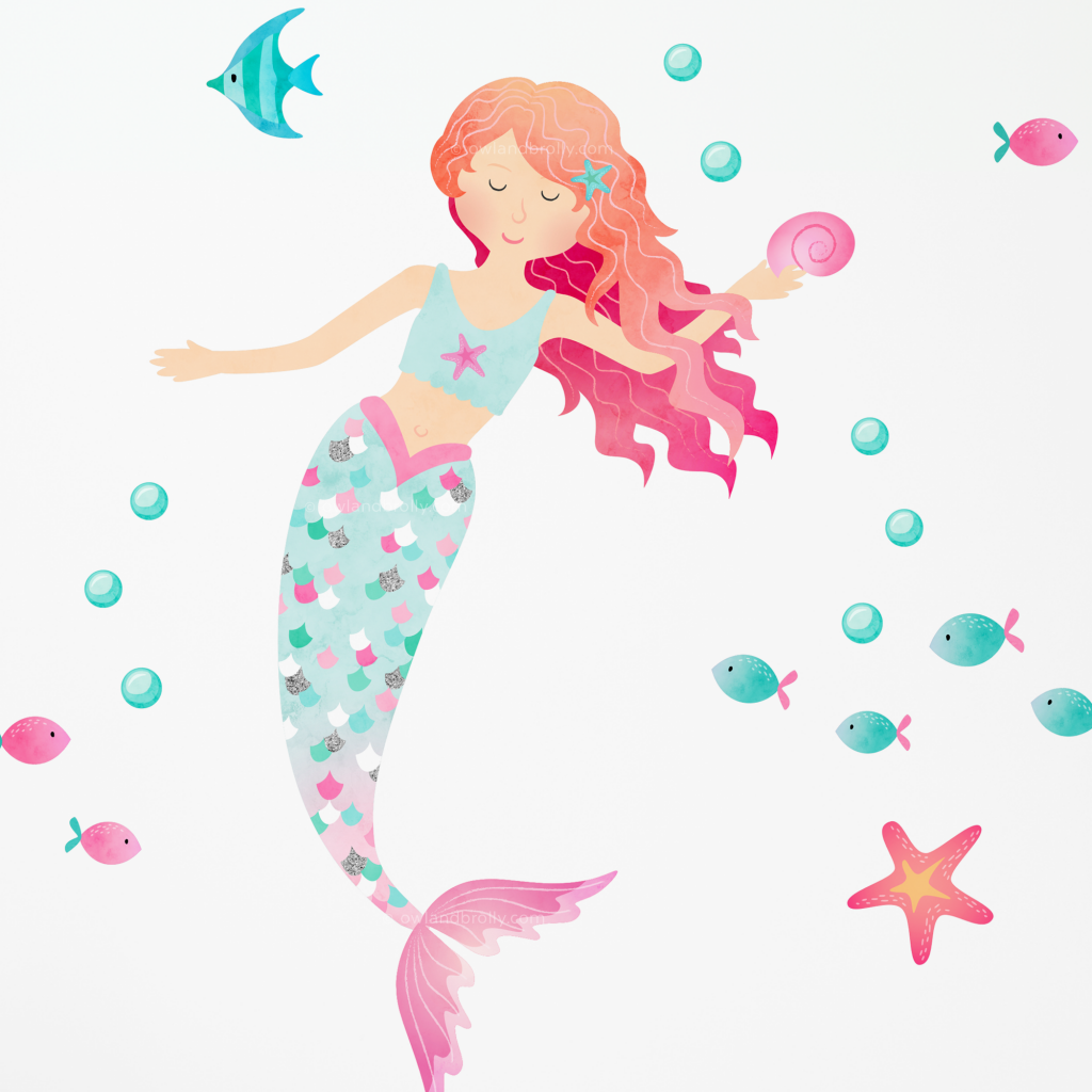Mermaid Wall Stickers – Whimsical Pinks Green Aqua and Silver Printed ...