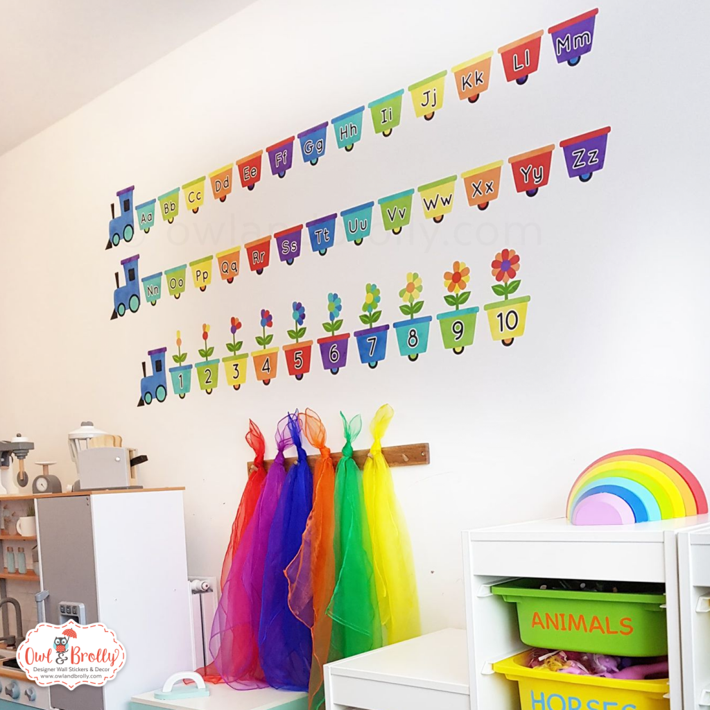Education wall stickers – number train with counting petals in rainbow ...