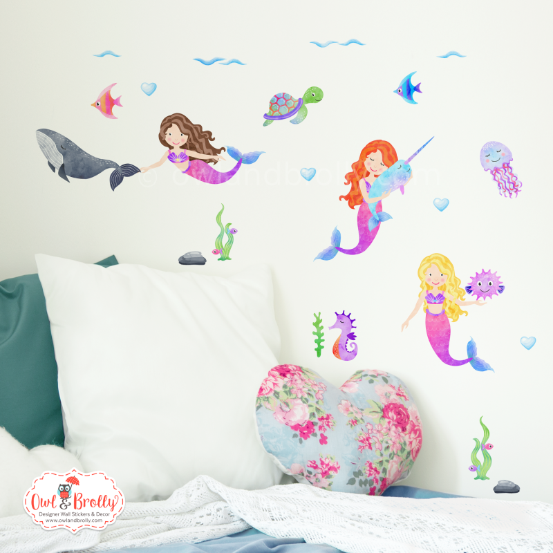 Mermaid Wall Sticker Decals in Pinks (smaller spaces collection) – Owl ...