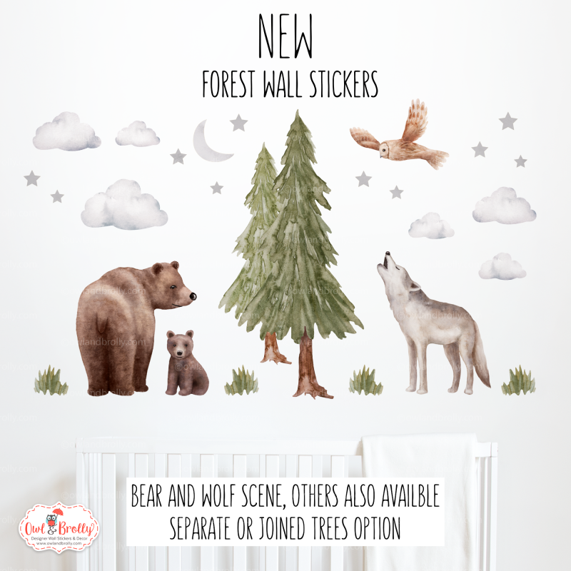 Watercolour Forest Animals Wolf and Bears Wall Stickers Decals (Small ...