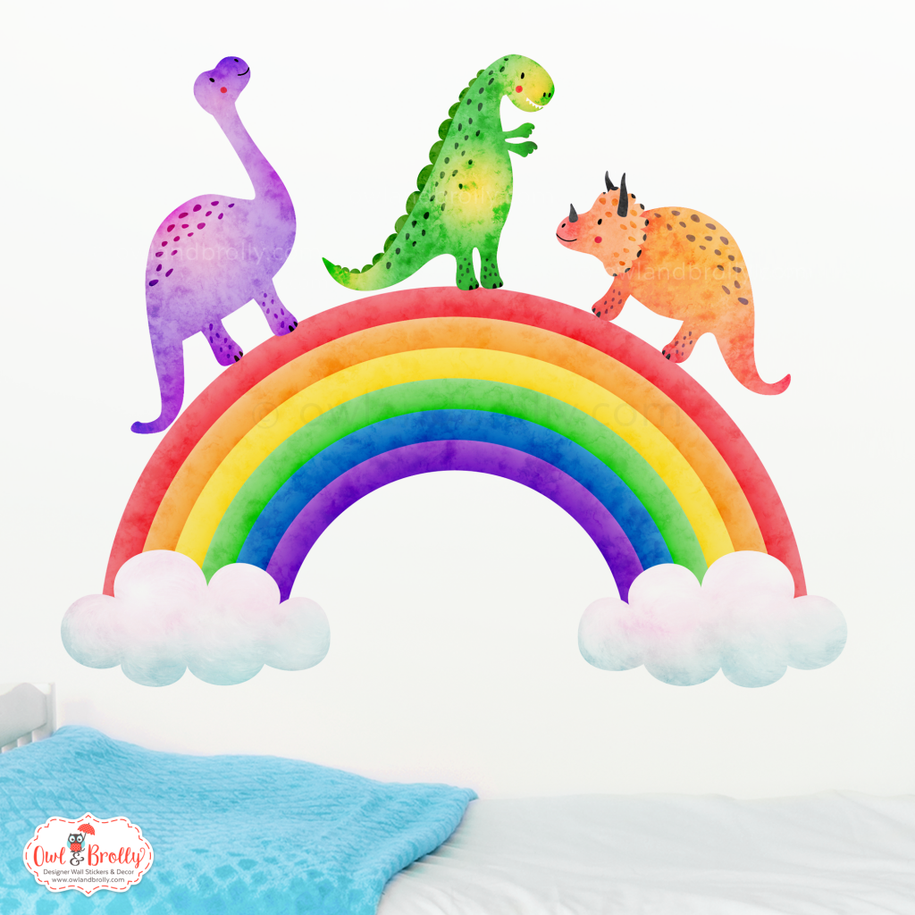 Rainbow with Dinosaur Wall Stickers in Bright Colours – Owl & Brolly