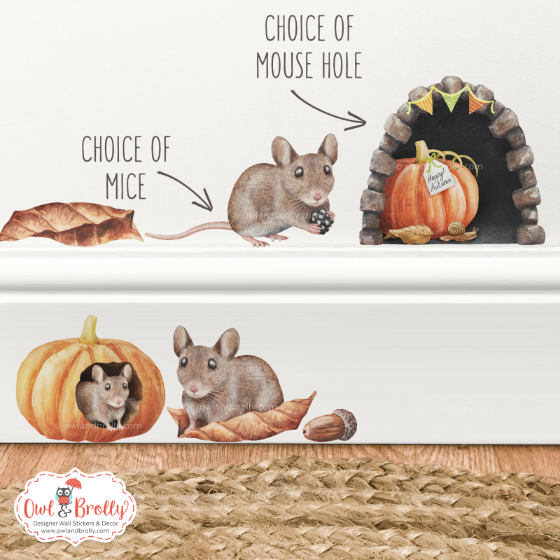 Watercolour Mouse Autumn Small Wall Sticker Set with Mouse Pumpkin and ...