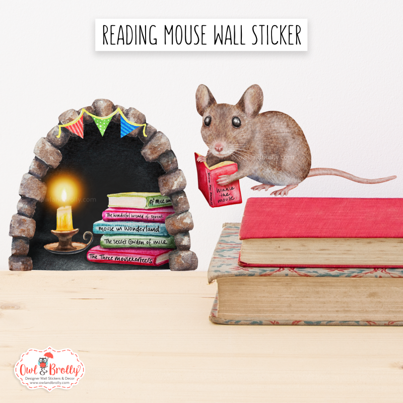 Watercolour Mouse Book Reading Edition Wall Sticker (Smaller Spaces ...