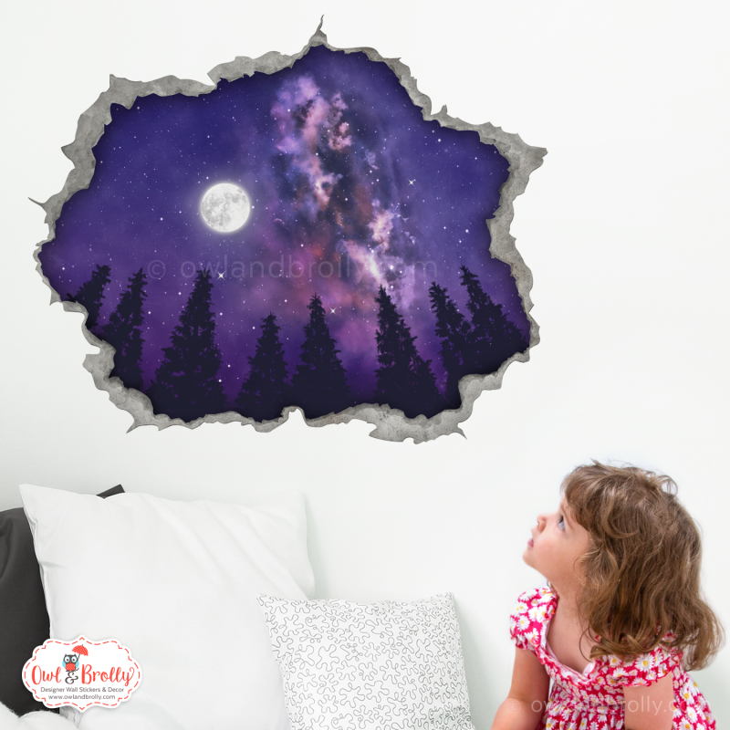 Hole in the wall wall sticker – nebula night sky and moon with trees ...