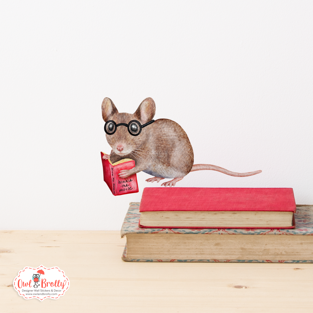 Watercolour Reading Mouse Set Wall Sticker – With Glasses – Owl & Brolly