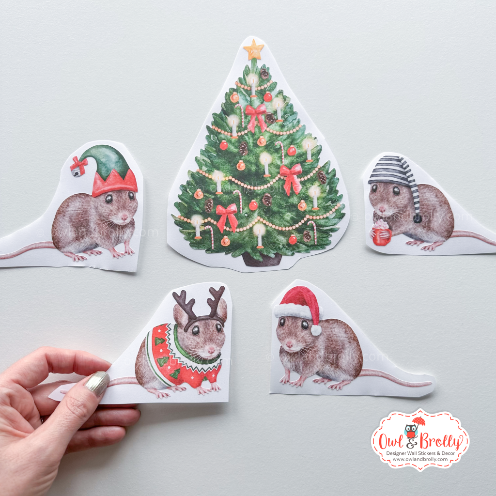 Watercolour Christmas Mouse And Door Deluxe Wall Sticker Set – Owl & Brolly