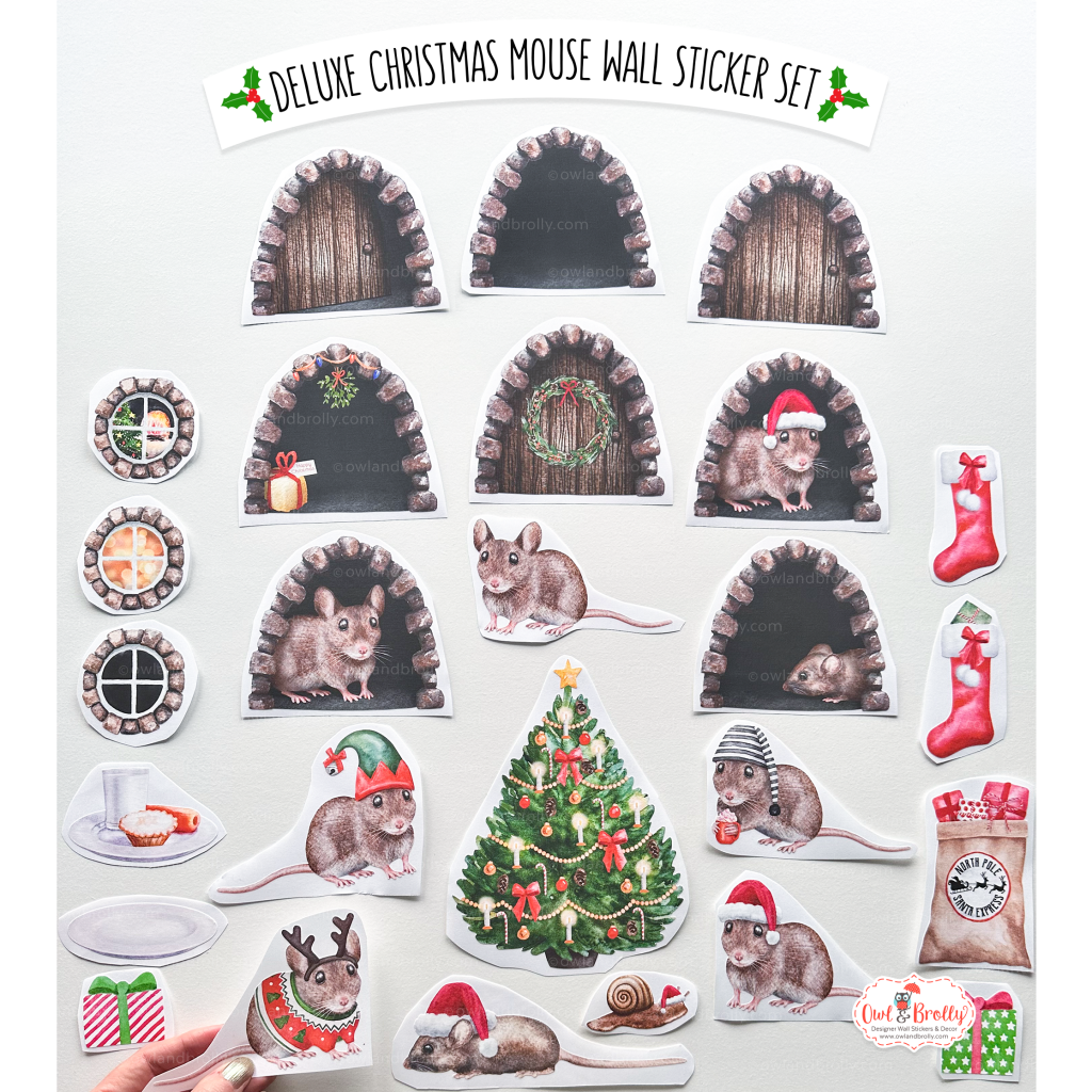 Watercolour Christmas Mouse And Door Deluxe Wall Sticker Set – Owl & Brolly