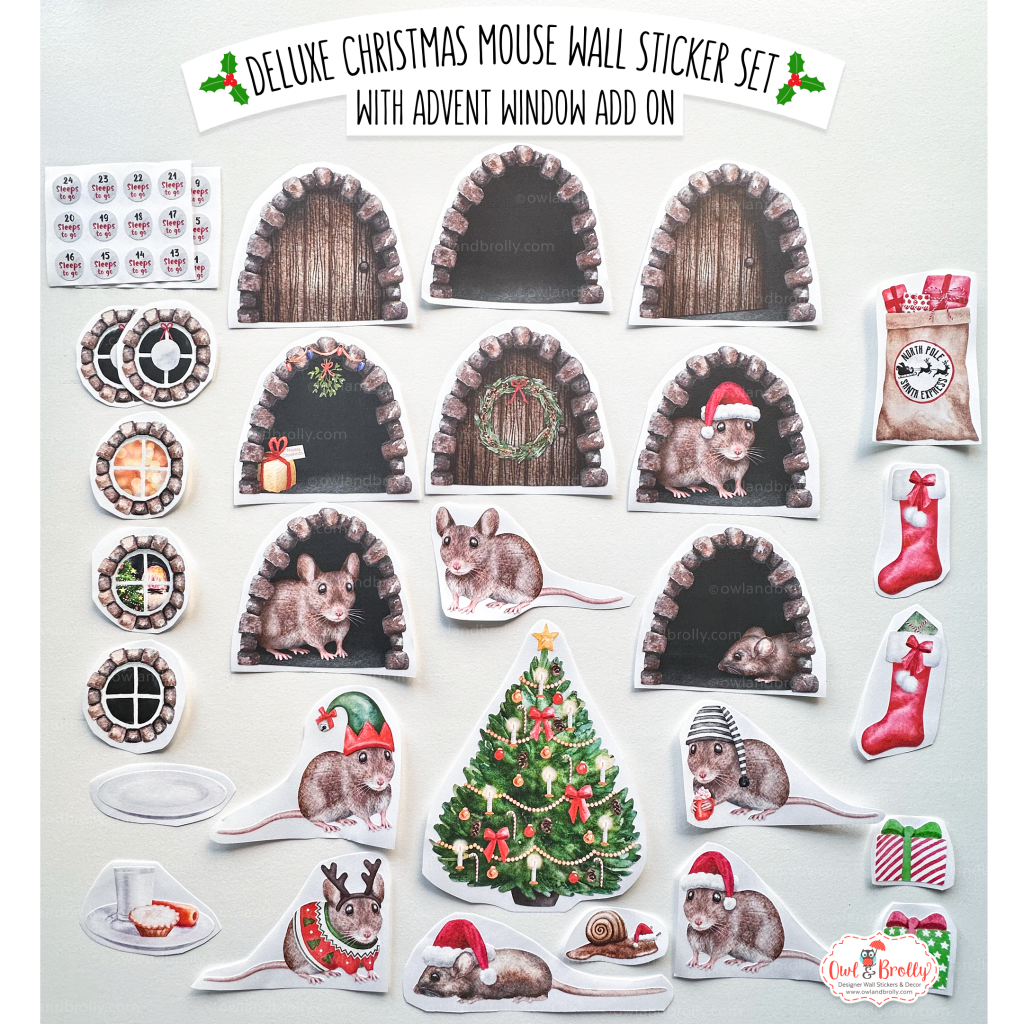 Watercolour Christmas Mouse And Door Deluxe Wall Sticker Set + Advent ...