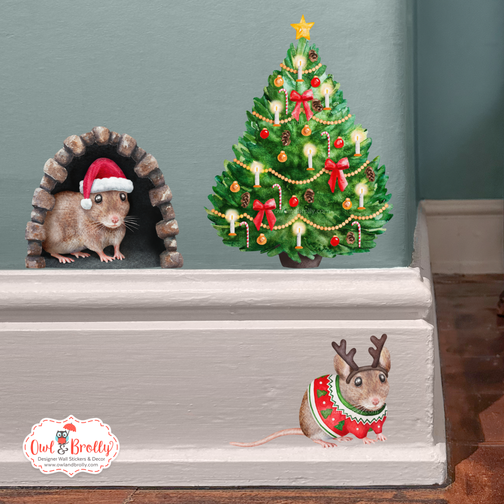 Watercolour Christmas Mouse And Door Deluxe Wall Sticker Set – Owl & Brolly