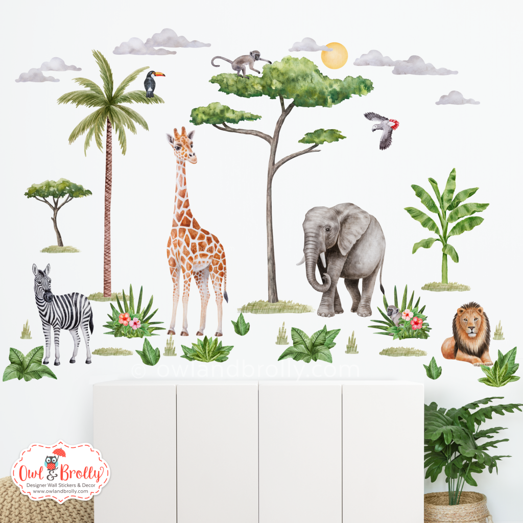 Watercolour Jungle Safari Animal Fabric Wall Sticker Decals Medium ...